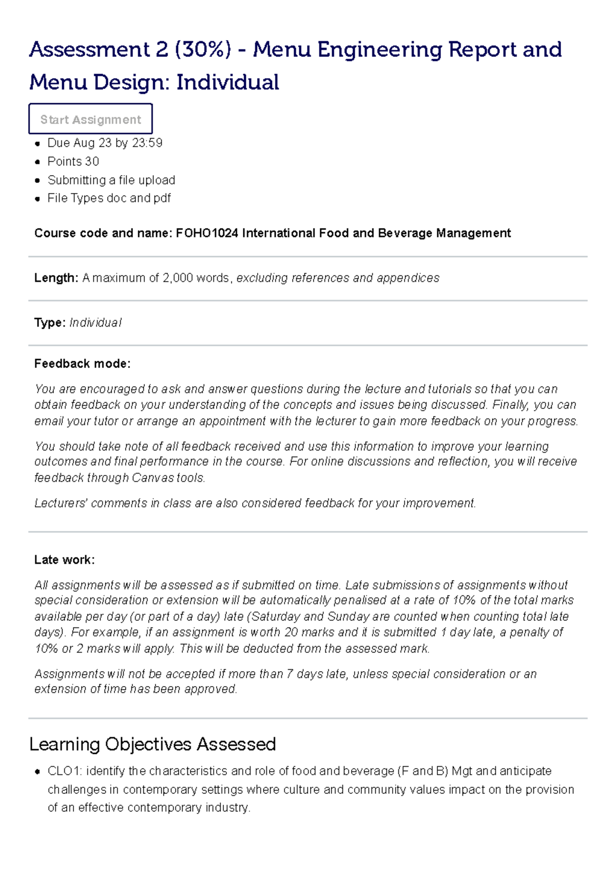 Assessment 2 (30%) - Menu Engineering Report and Menu Design Individual ...