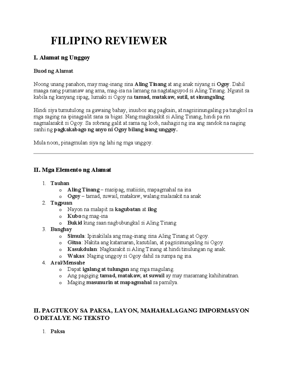 SEPT Monthly Exam FIL Reviewer: Alamat ng Unggoy Analysis - Studocu