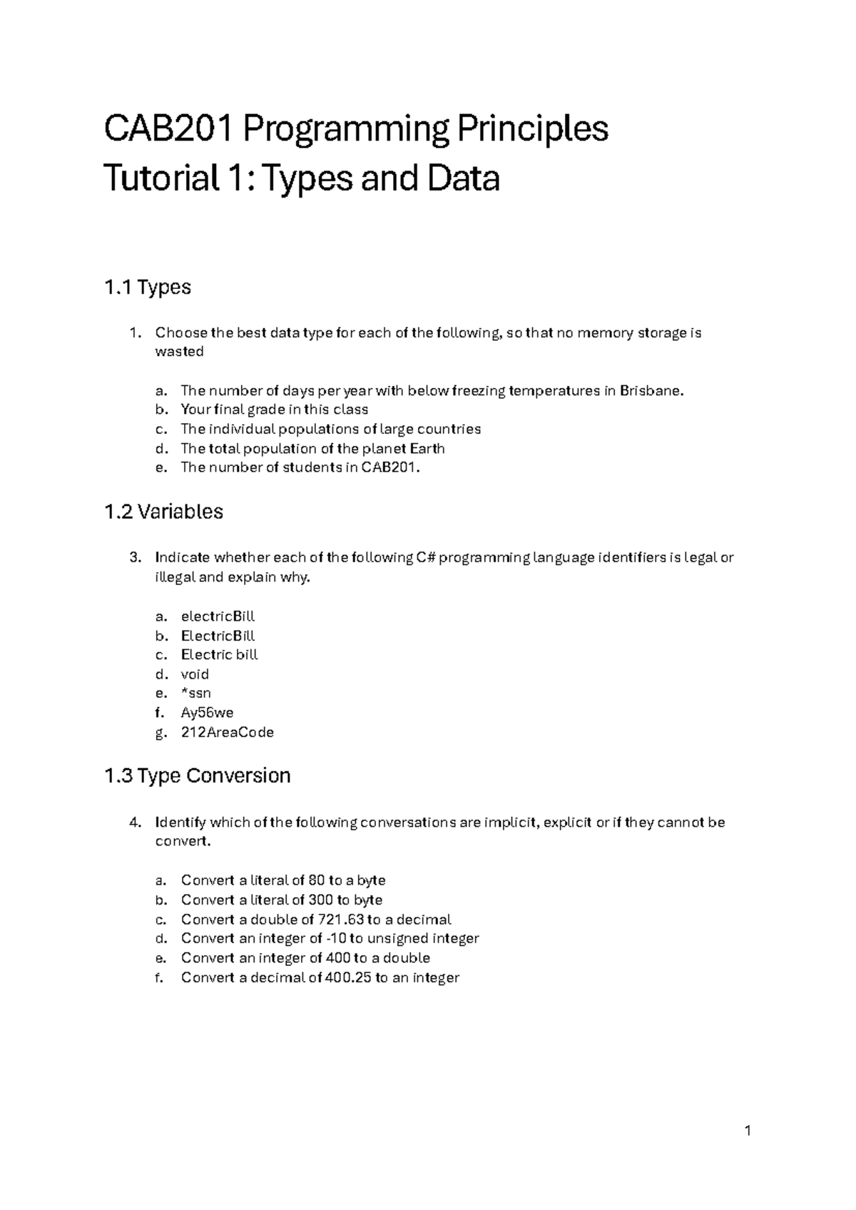 CAB201 - Week 1 - Tutorial Questions - CAB201 Programming Principles ...