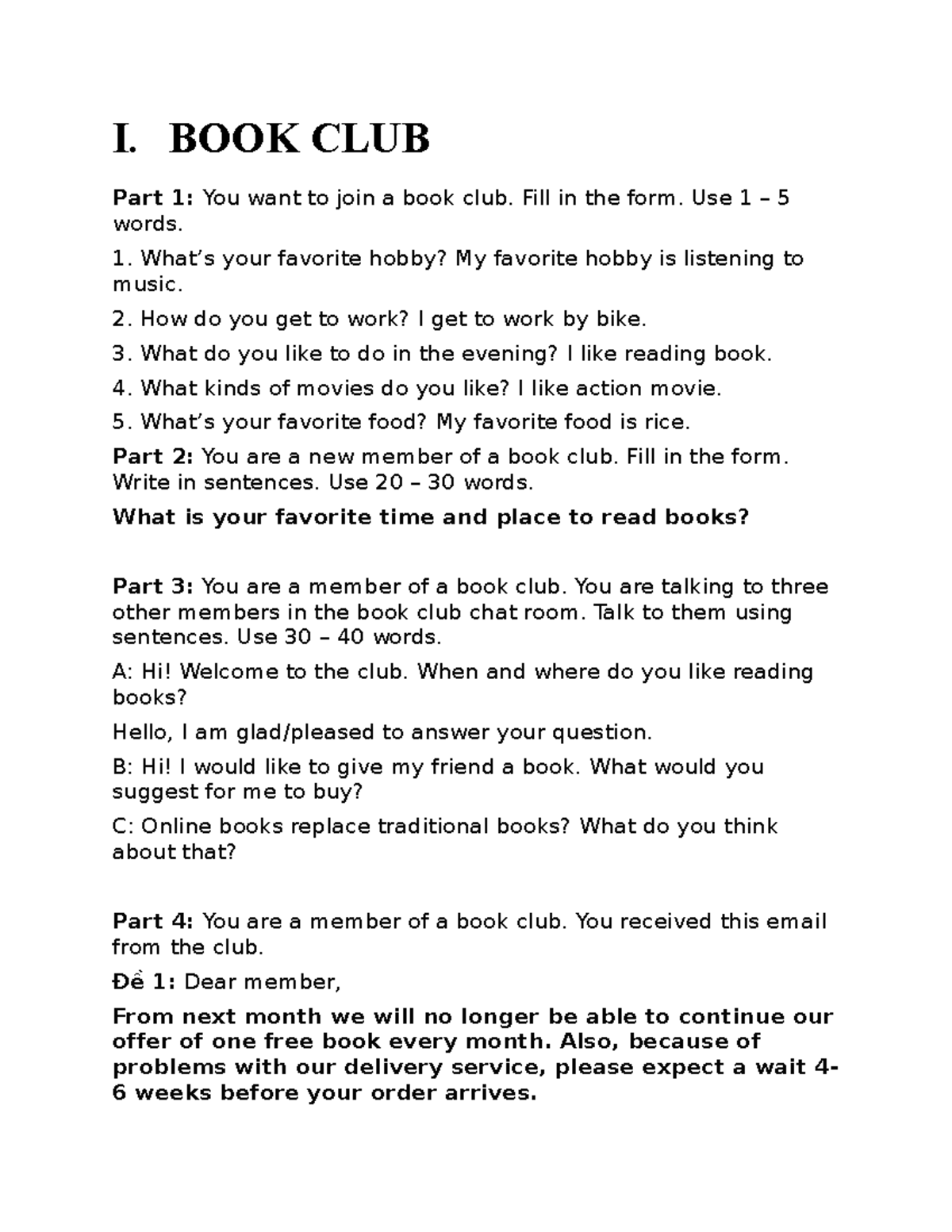 Aptis 429 bookclub speaking 2 3 - I. BOOK CLUB Part 1: You want to join ...