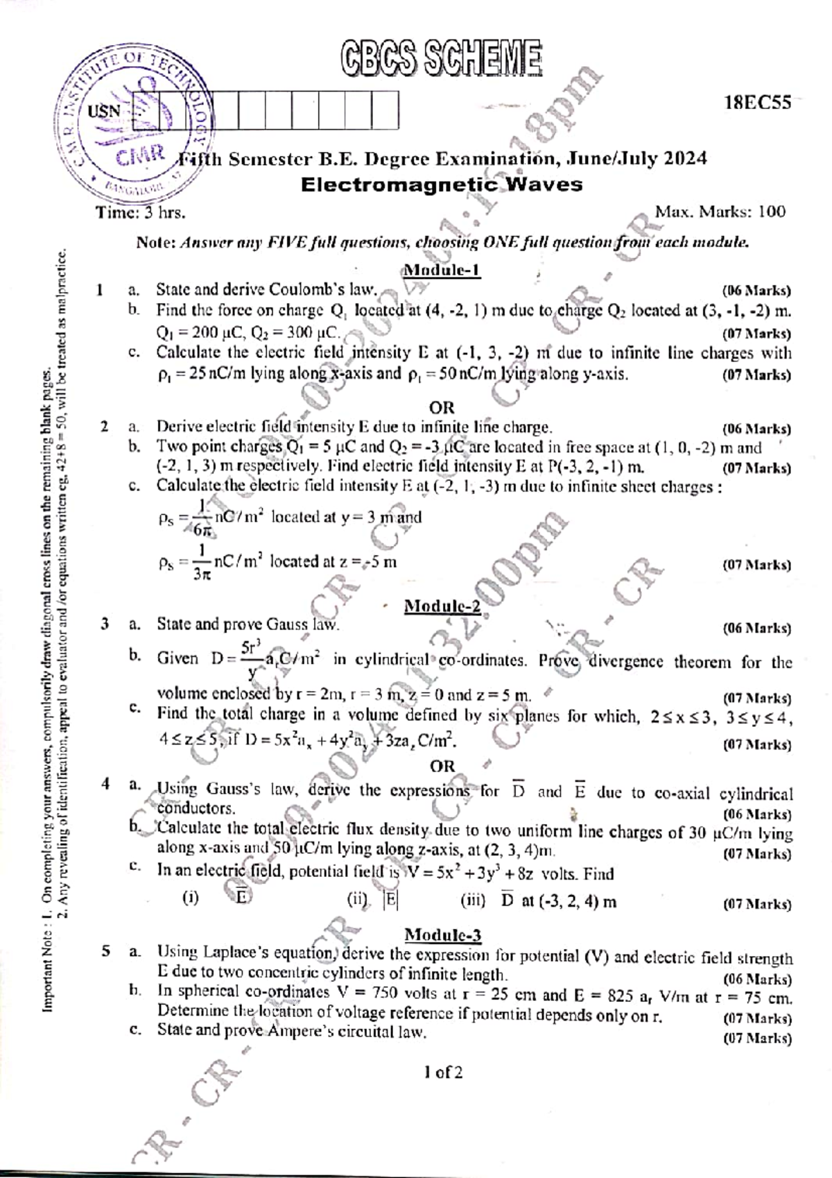 18EC55 Electromagnetic Waves Final Exam Paper - 2024 - Studocu