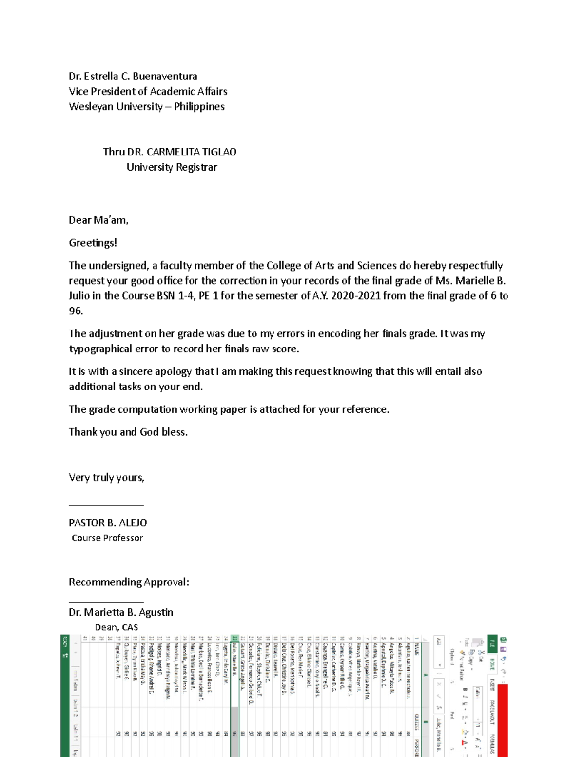 Letter to VPAA for Grade Correction Request - BSN 1-4, PE 1 - Studocu