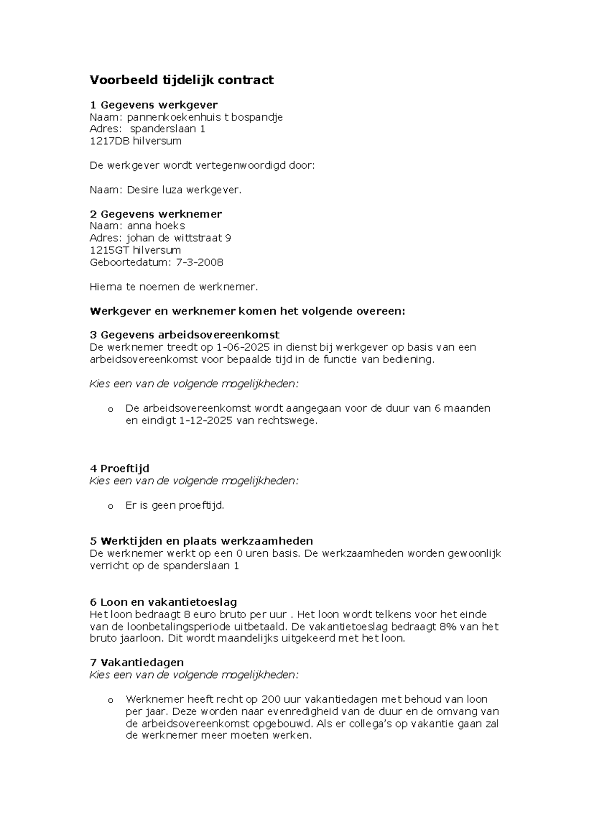Voorbeeld Tijdelijk Contract 1 - Arbeidsovereenkomst en Gegevens ...