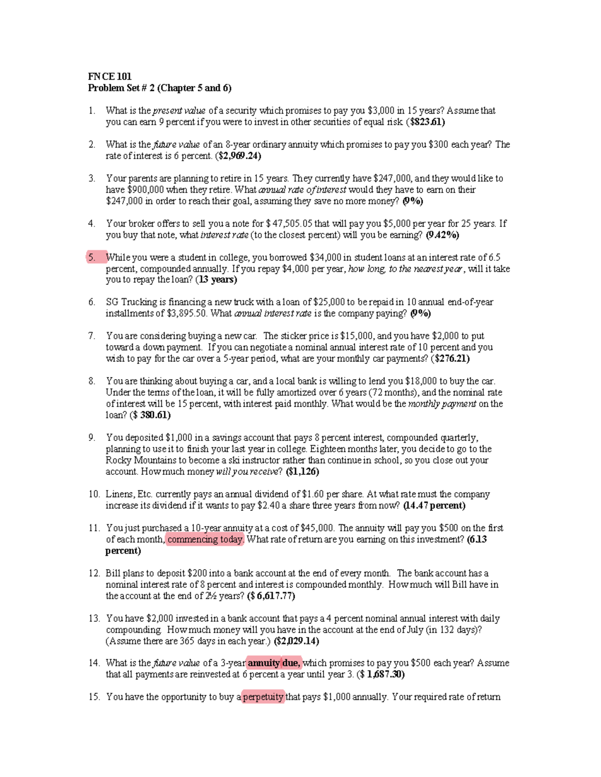 FNCE 101 Problem Set 2: Present and Future Value Calculations - Studocu