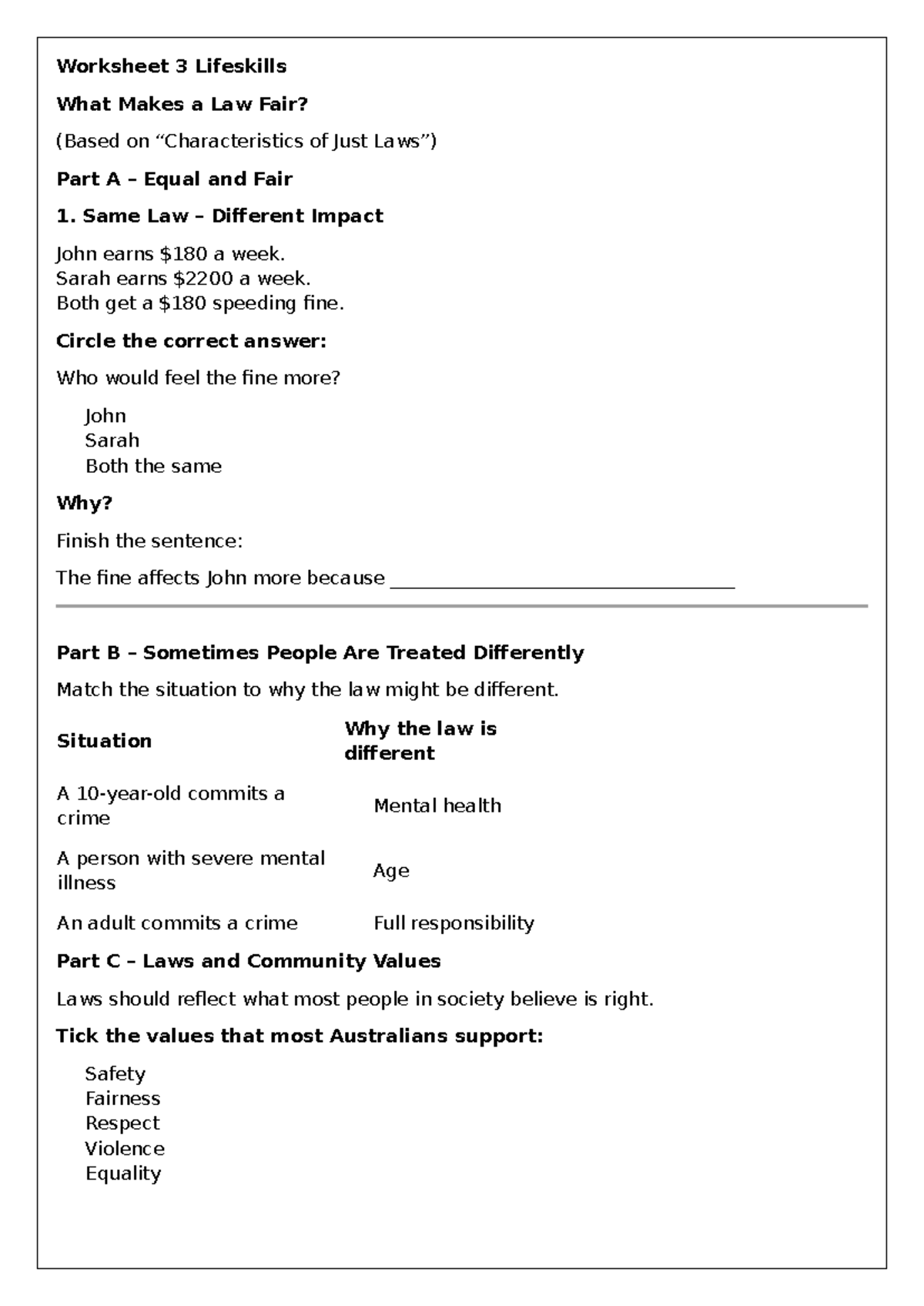 Worksheet 3: Lifeskills - Understanding Fairness in Law - Studocu