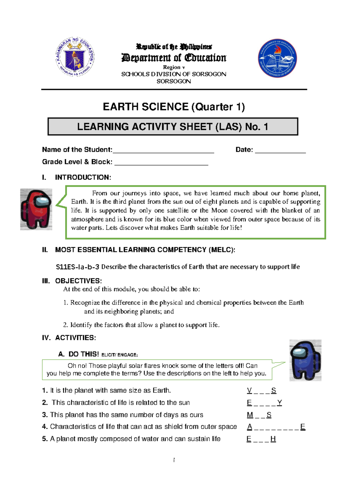 Science-LAS-Learning-Activity-Sheet 1 Earth, The Cradle of Life - i ...