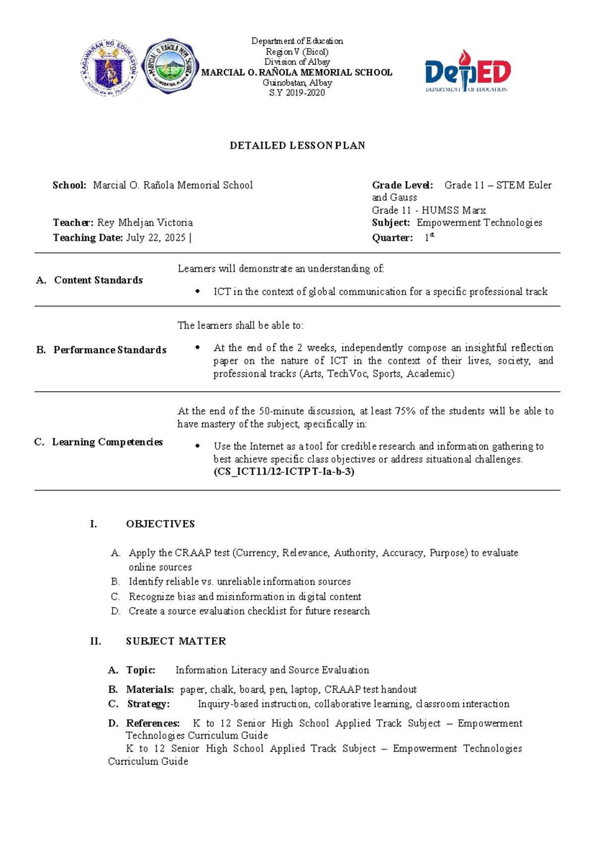 Detailed Lesson Plan: Empowerment Technology (Grade 11) - LP Lesson 3 ...