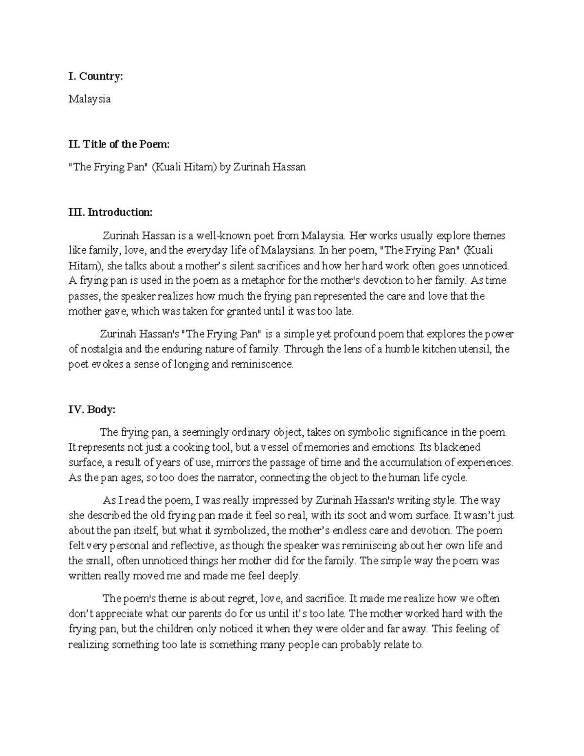 Analysis of "The Frying Pan" Poem by Zurinah Hassan - Malaysia - Studocu