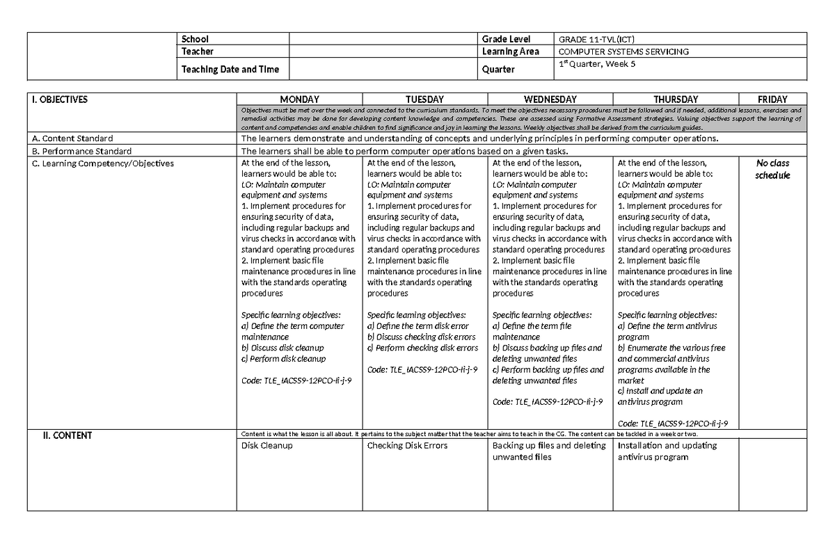 1Q DLL CSS11 Week 5 - Daily Lesson Log on Computer Systems Servicing ...