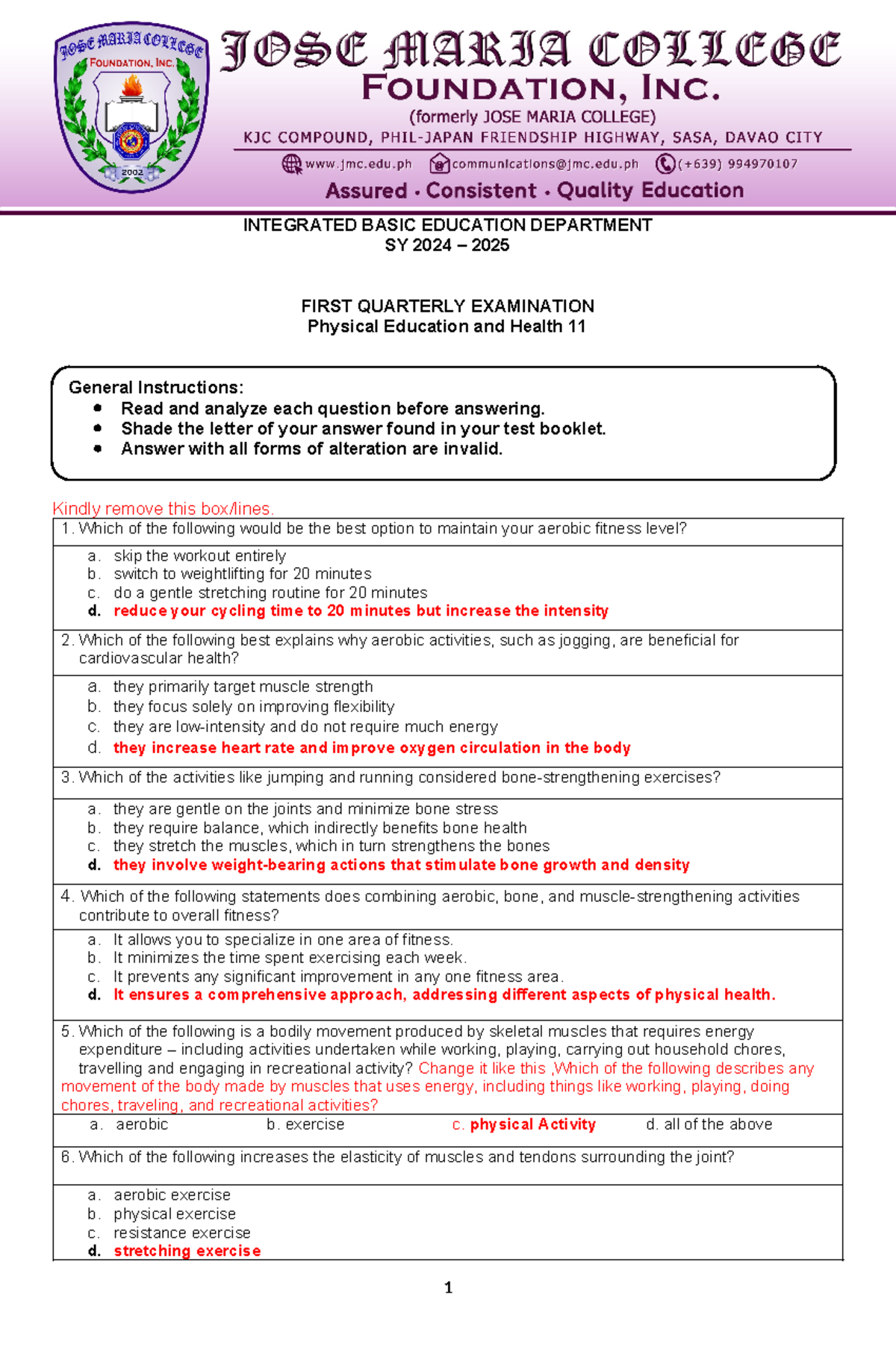 1Q. Physical Education and Health 11 - First Quarterly Exam Review ...