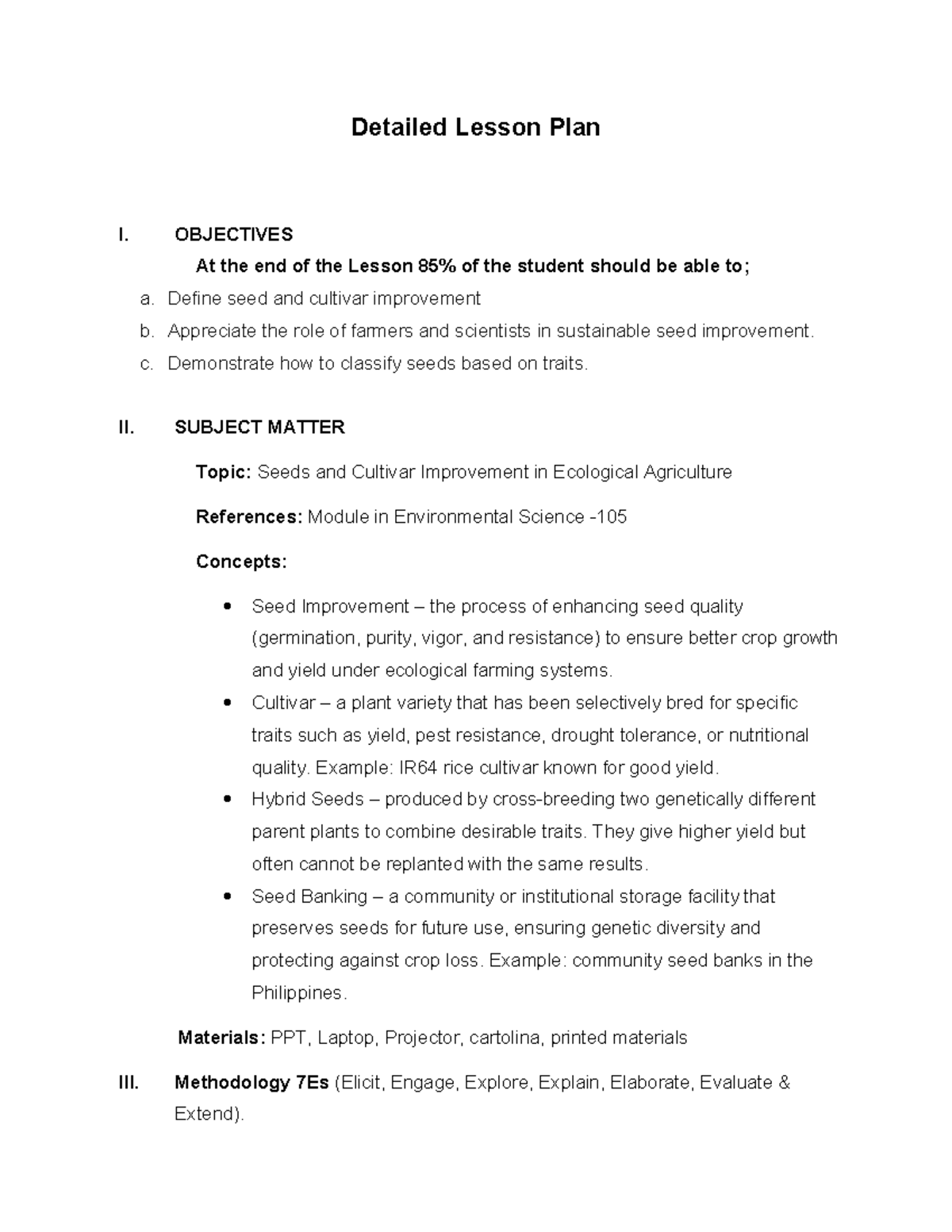Detailed Lesson Plan on Seeds & Cultivar Improvement (ES 101) - Studocu