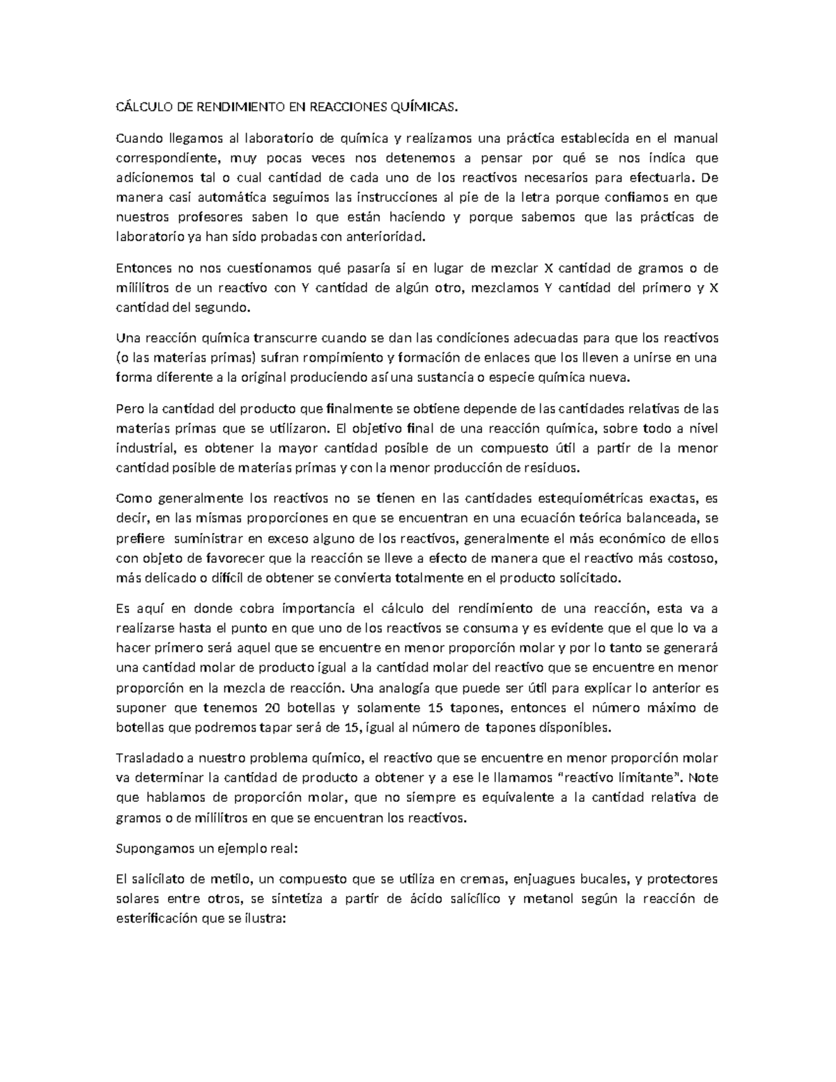 Cálculo DE Rendimiento EN Reacciones Químicas - CÁLCULO DE RENDIMIENTO ...