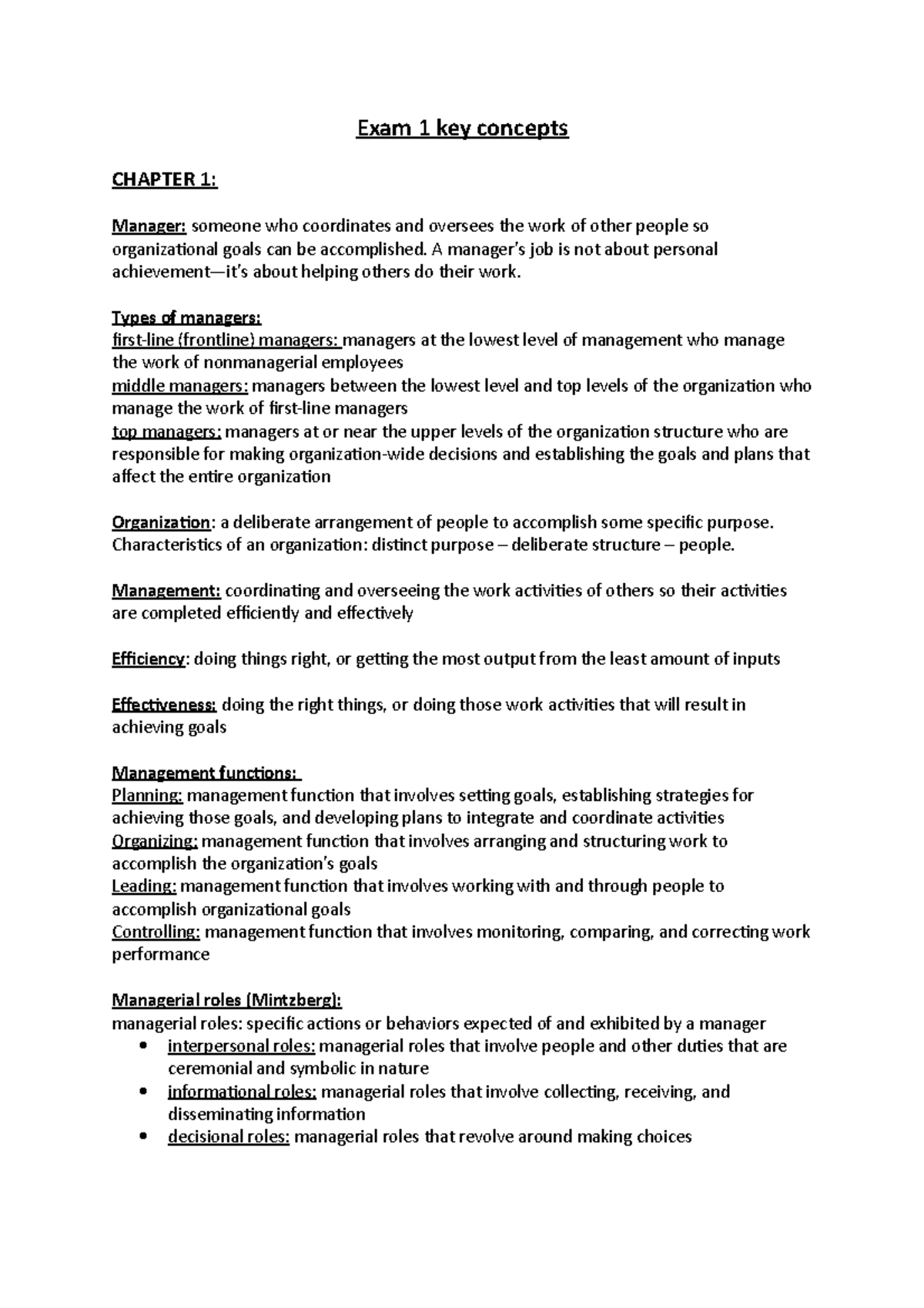 Exam 1 key concepts - Exam 1 key concepts CHAPTER 1: Manager: someone ...
