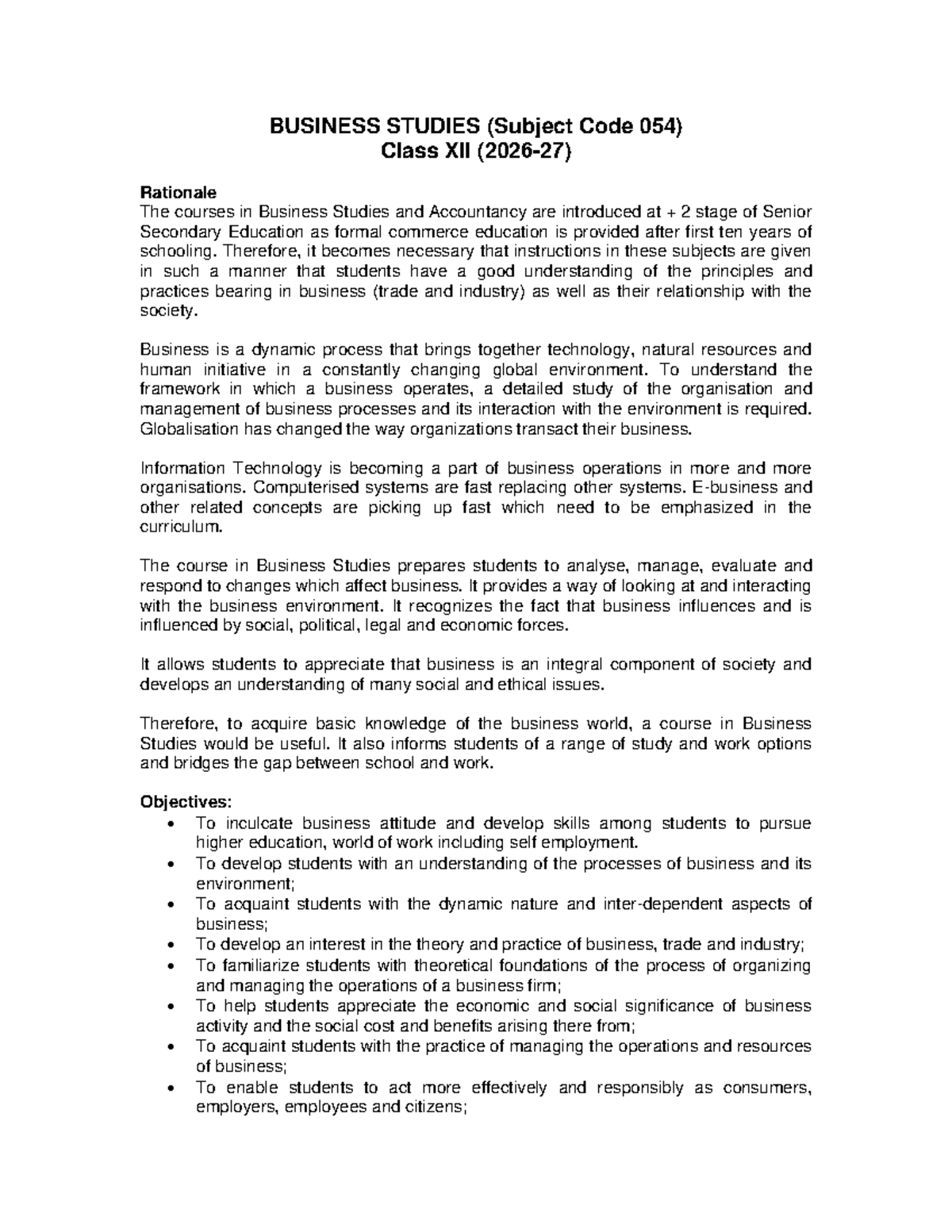 Business Studies Class XII (Subject Code 054) Syllabus Overview 2026-27 ...