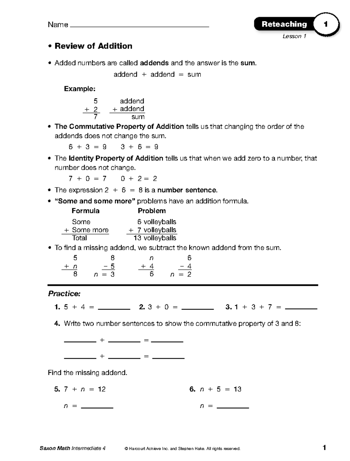 Saxon Math Intermediate 4 Reteaching: Lessons 1-10 Overview - Studocu