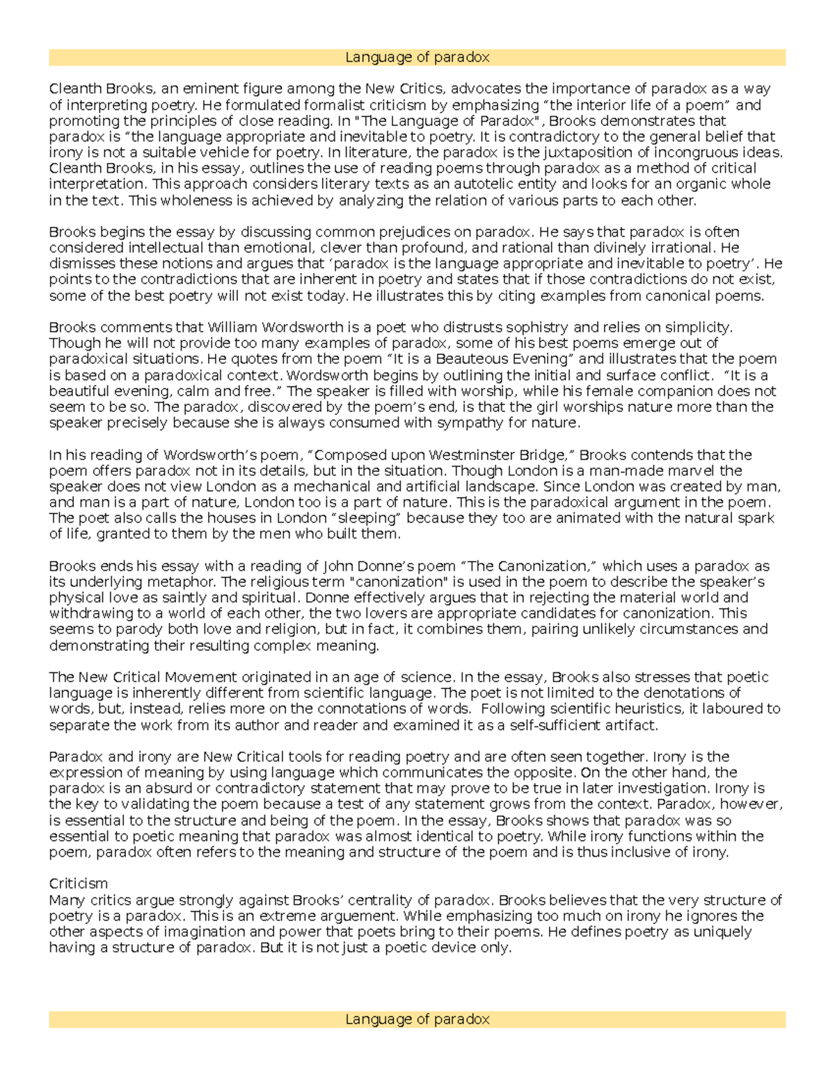 Summary of Cleanth Brooks' Essay on the Language of Paradox - Studocu