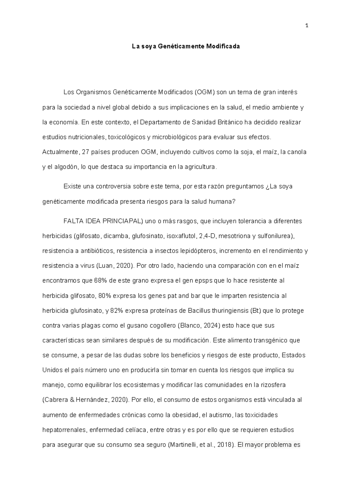 Ensayo sobre OGM: Riesgos de la Soya Genéticamente Modificada - Studocu