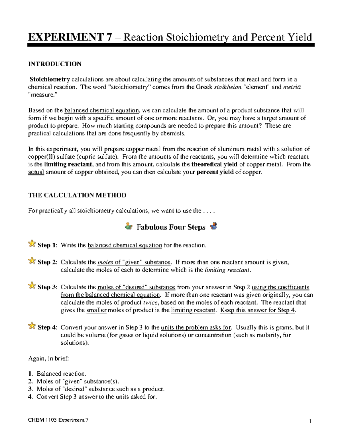 CHEM 1105 Experiment 7: Stoichiometry & Percent Yield Lab Guide - Studocu