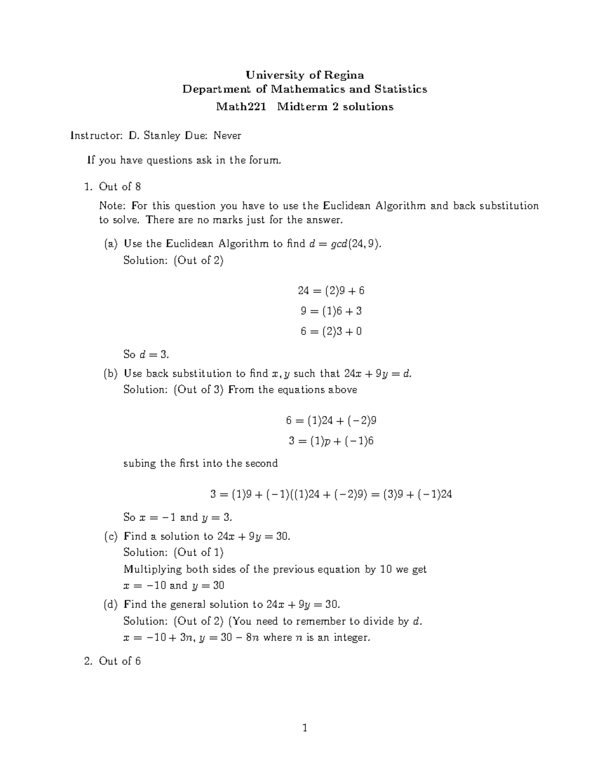 MATH221 Midterm 2 Solutions - University of Regina Department of ...