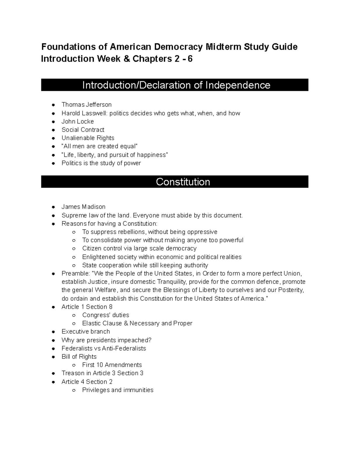 Foundations of American Democracy Midterm Study Guide (Ch. 2-6) - Studocu