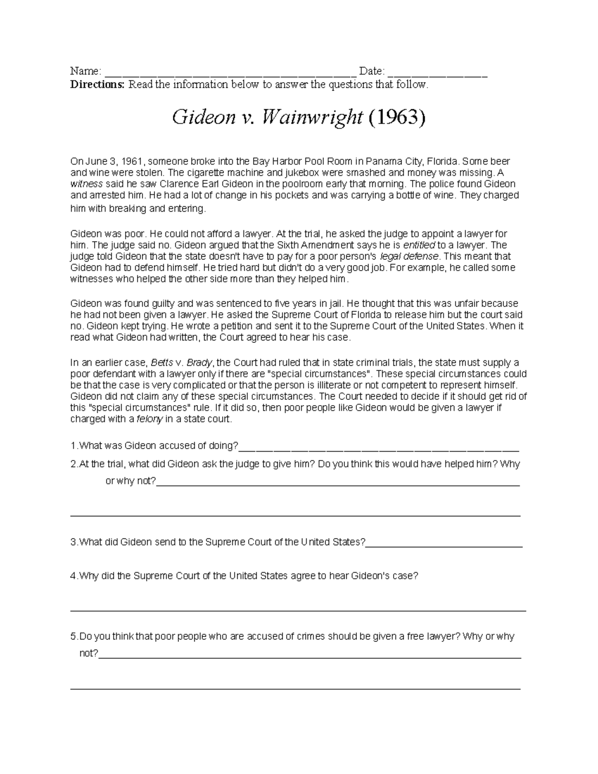 Gideon v. Wainwright (1963) Case Study Notes - Studocu