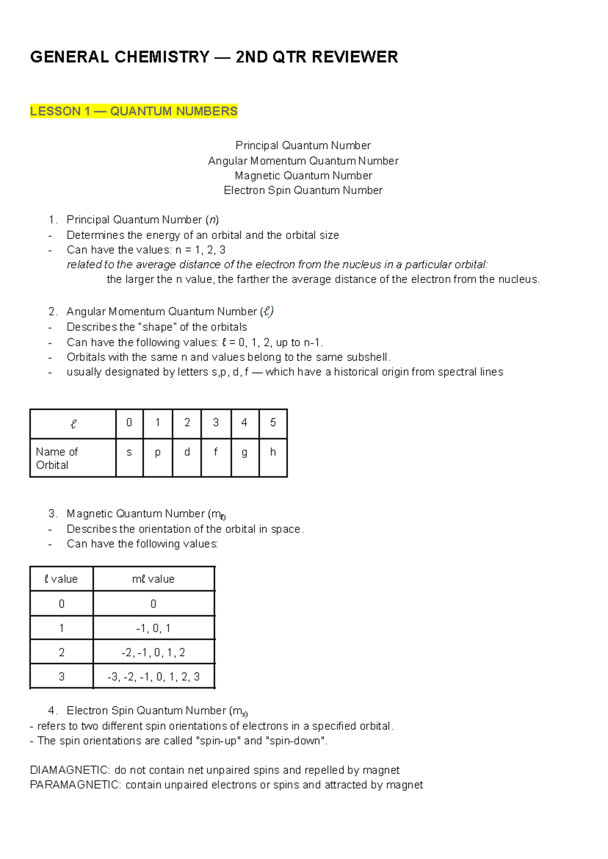 Gen Chem 2nd Qtr Reviewer: Quantum Numbers & Electron Configurations ...