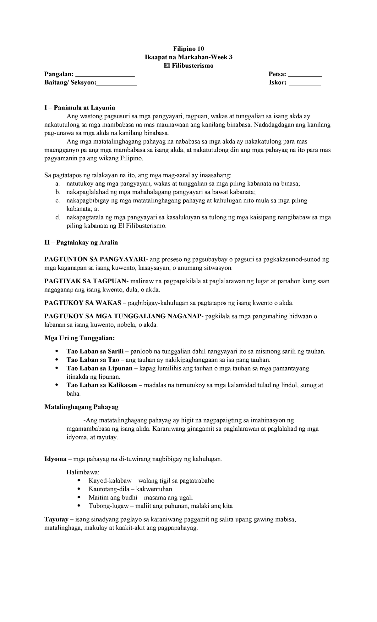 Module- Filipino-10 - Assessment for Filipino 10, Chapter 8 - Filipino ...