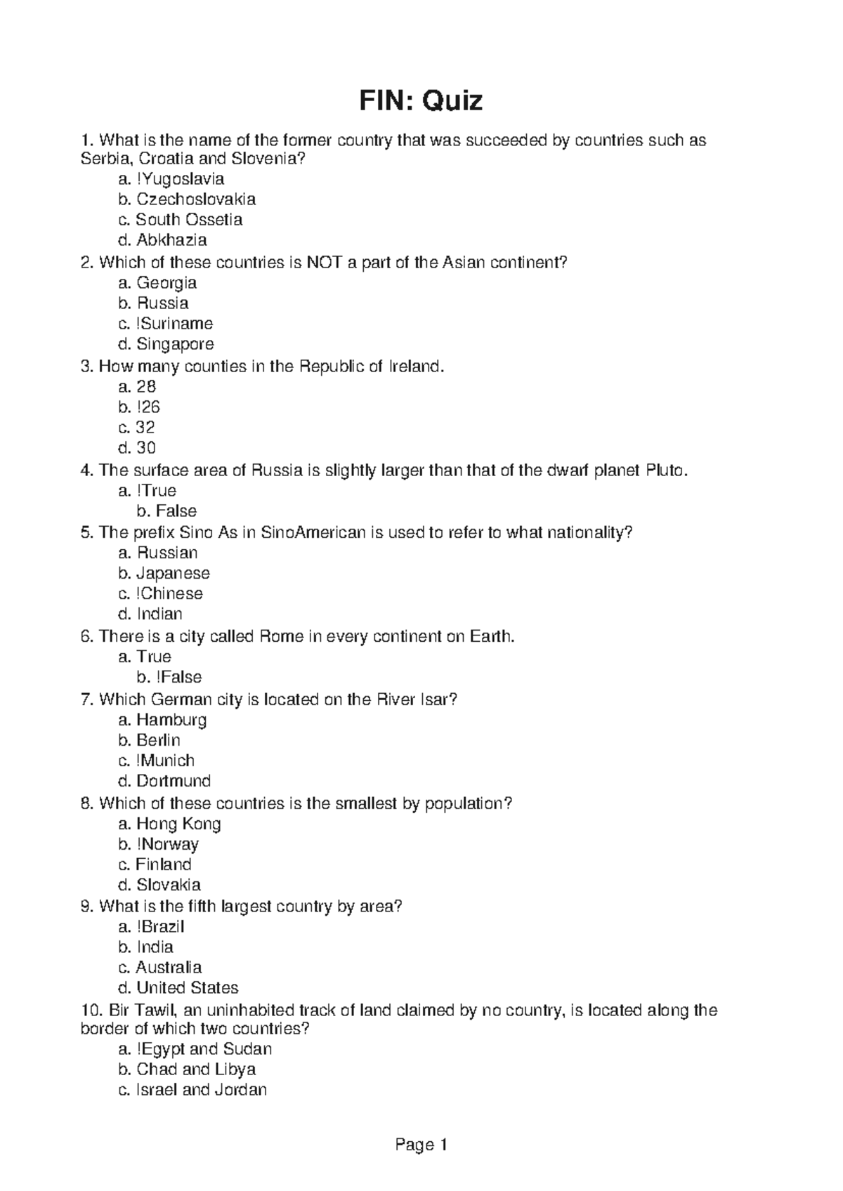 FIN127 Quiz: Geography and History Questions - Studocu