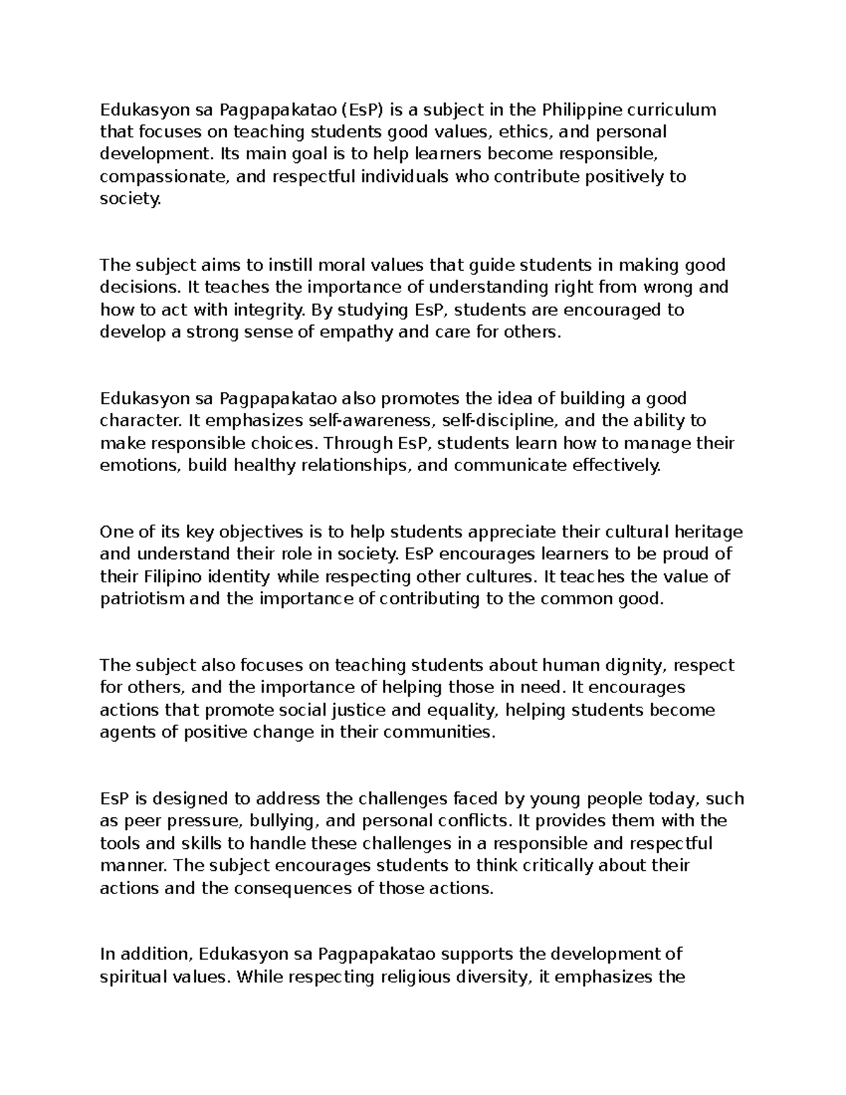 ESP - Essay on Edukasyon sa Pagpapakatao: Values and Personal Growth ...