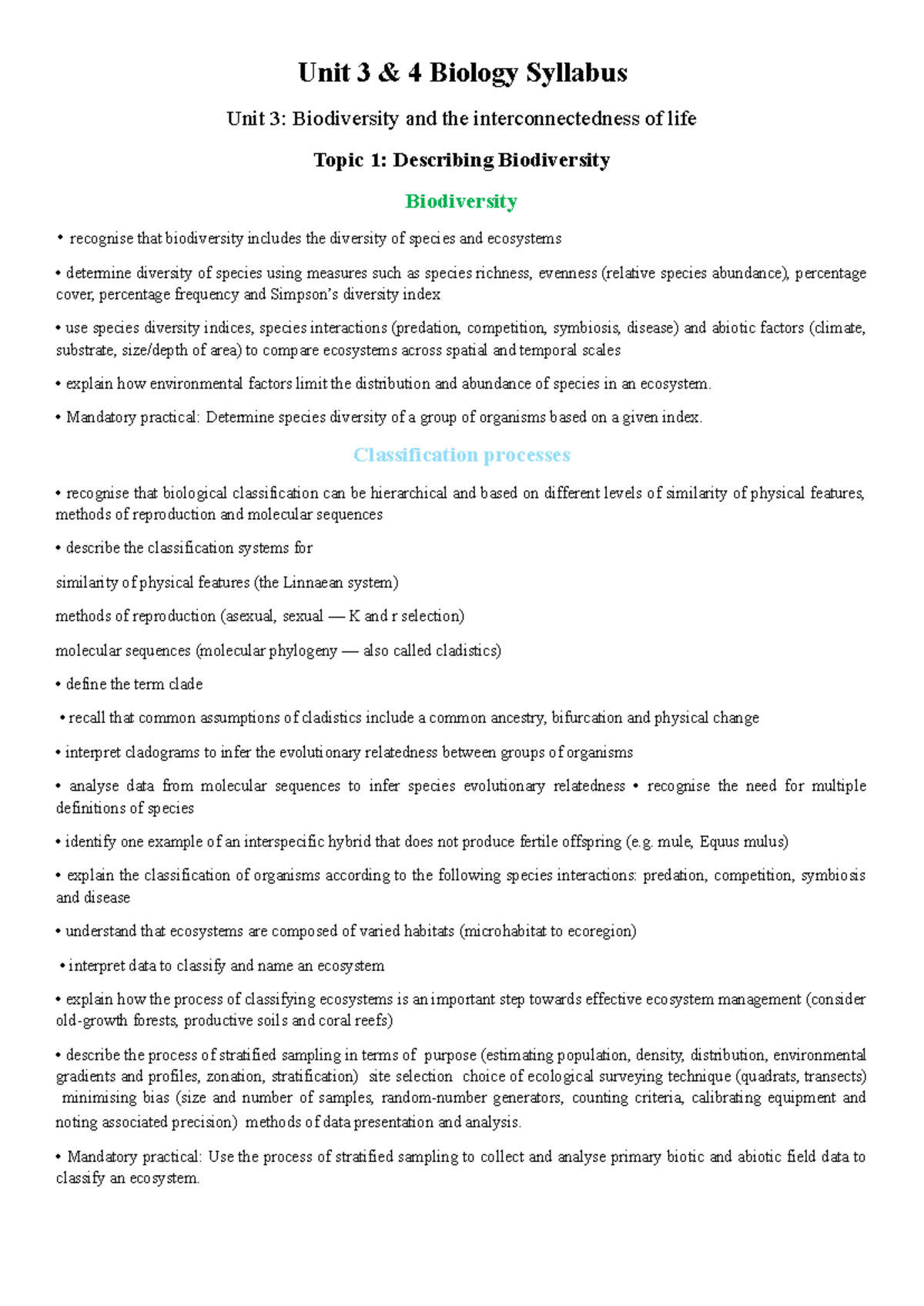 Unit 3 & 4 Biology Syllabus: Biodiversity, Ecosystems & Heredity ...