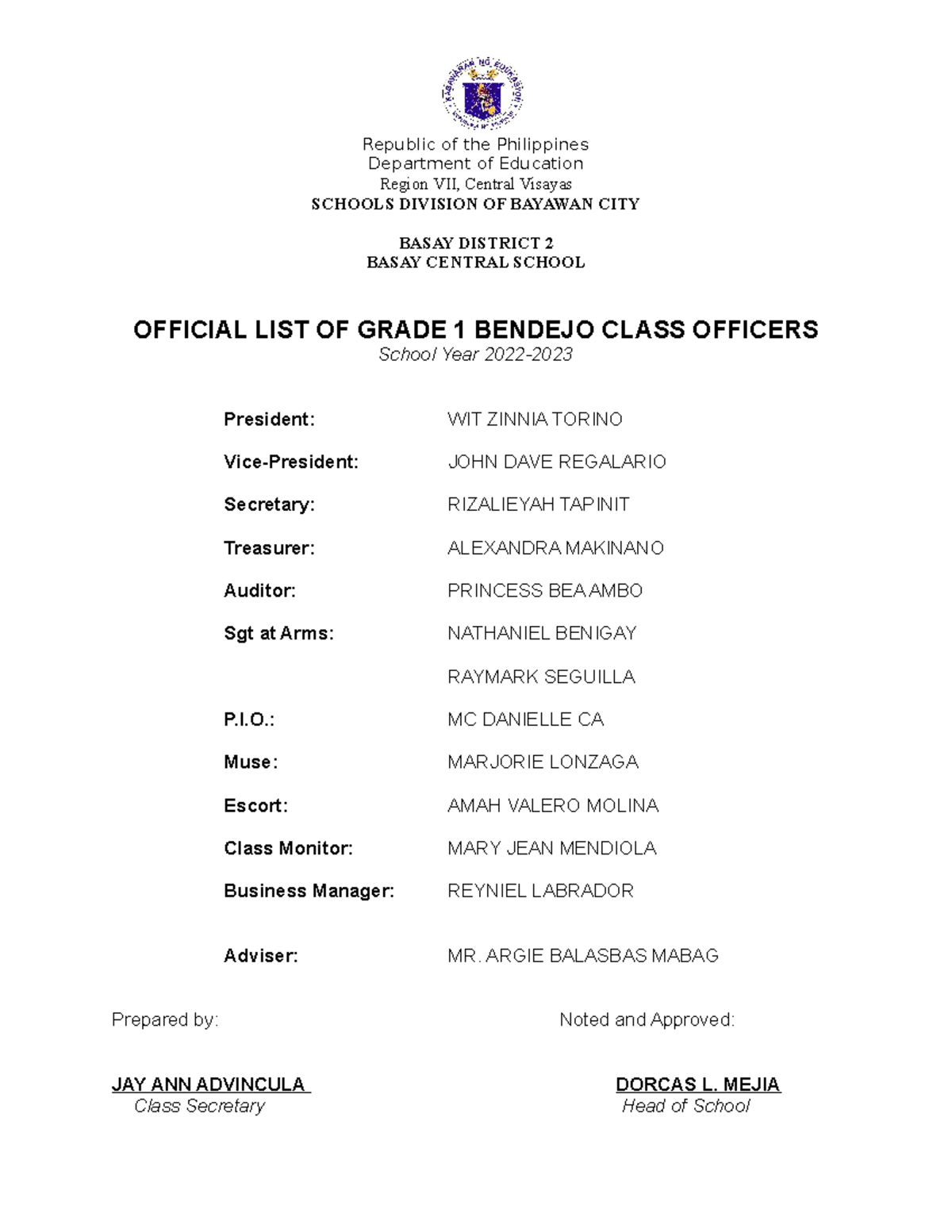 445014940 Grade 10 Durian Class Officers: TOR & Org Structure - Studocu