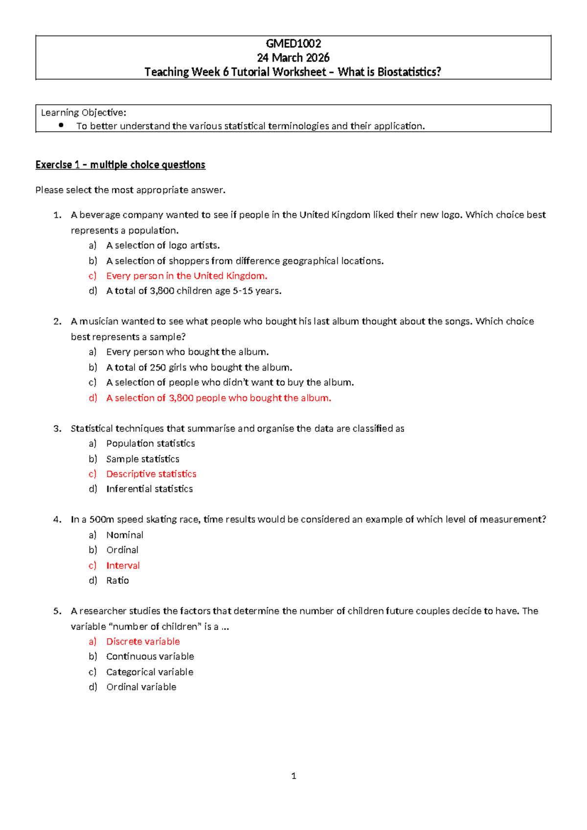 GMED1002 Teaching Week 6 Tutorial Worksheet: Biostatistics Insights ...