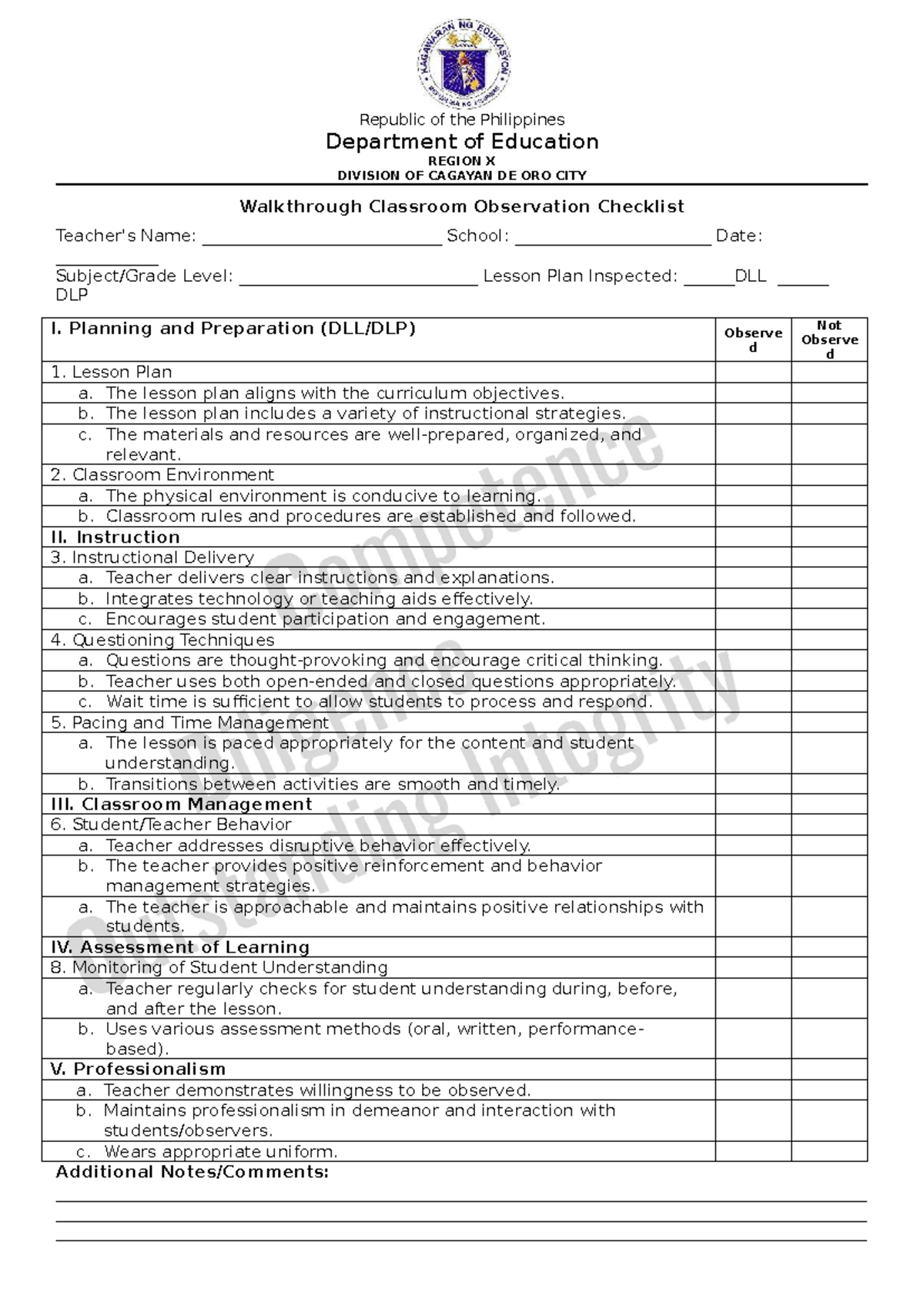 Final Walkthrough Classroom Observation Checklist - DepEd Region X ...