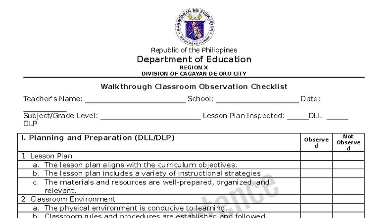 Final Walkthrough Classroom Observation Checklist - DepEd Region X ...