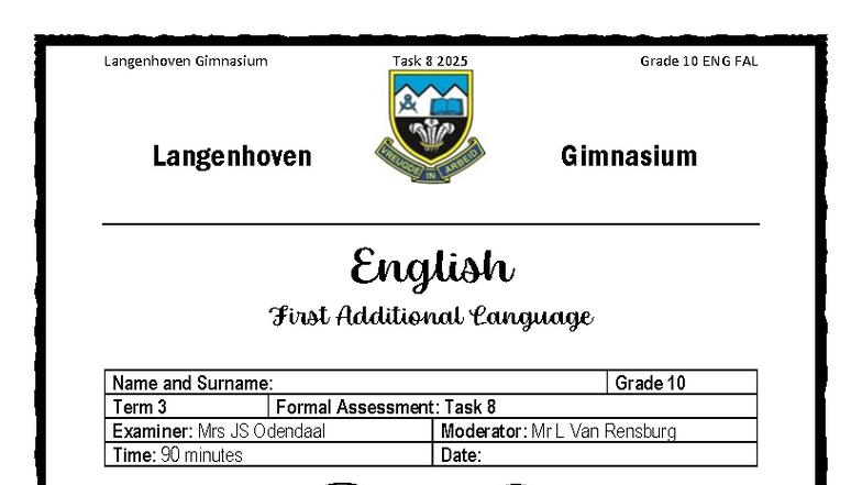 ENG10 T3 Task 8 2025 - Grade 10 Essay Assessment - Studocu