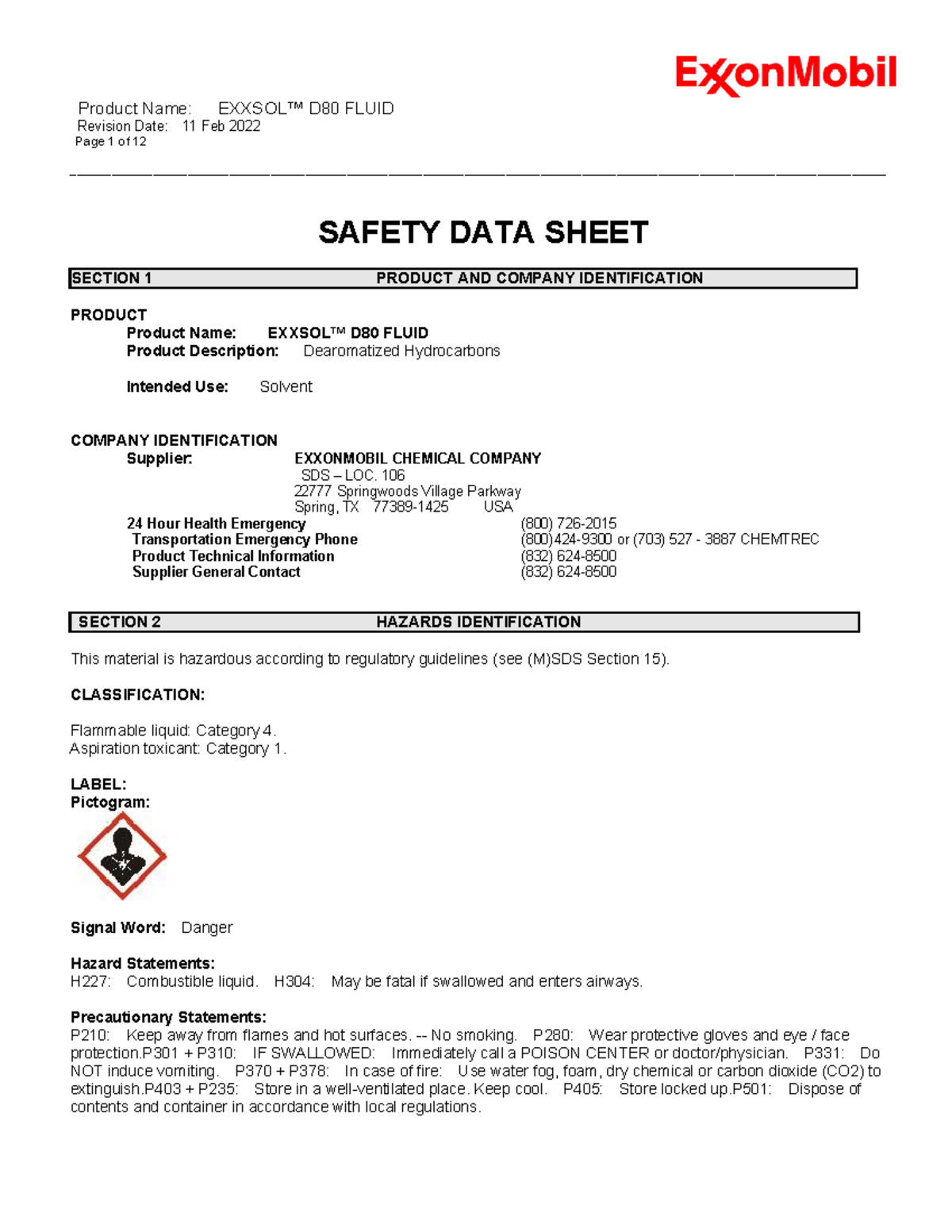 Exxsol D80 (Exxon Mobil) - Safety Data Sheet (SDS) Revision 2022 - Studocu