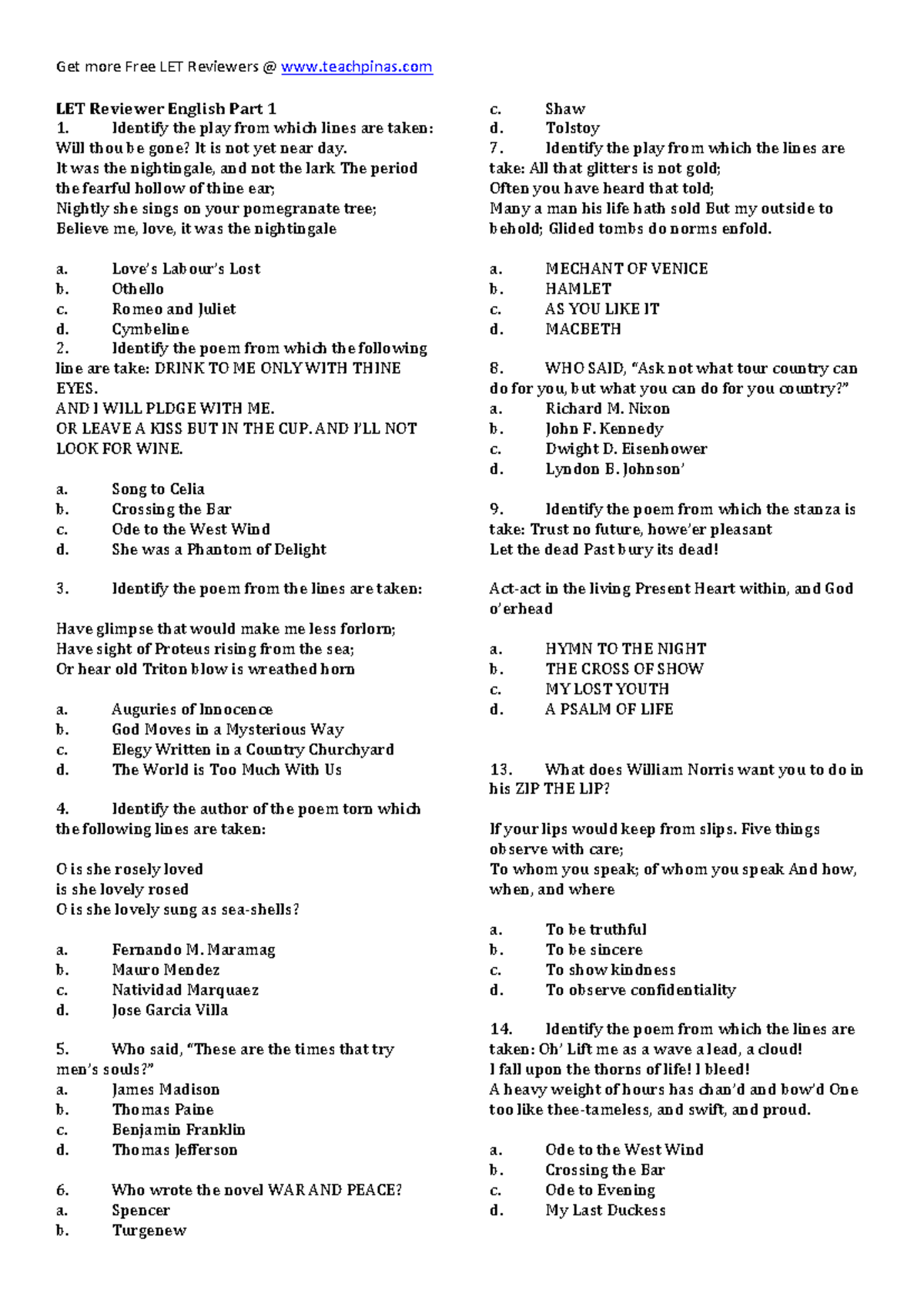 LET Reviewer: English Part 1 - Key Questions & Answers Guide - Studocu