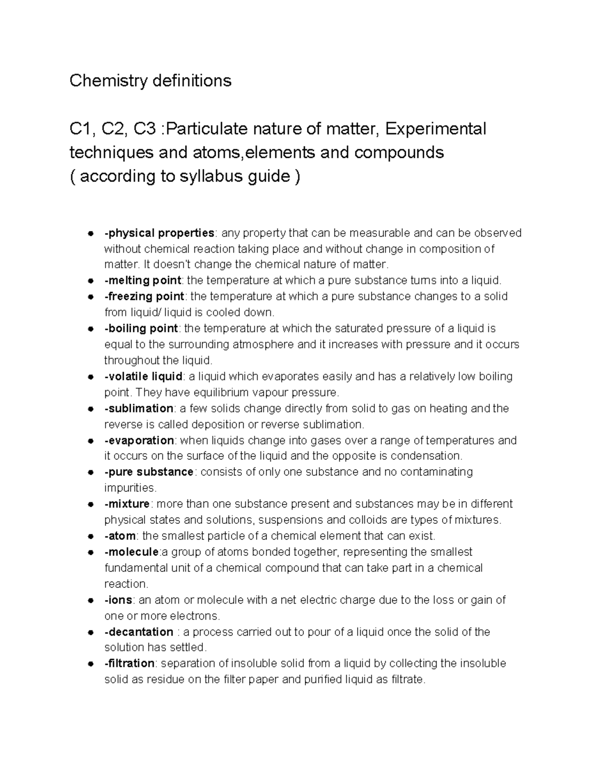 Chemistry-Definitions - Chemistry definitions C1, C2, C3 :Particulate ...