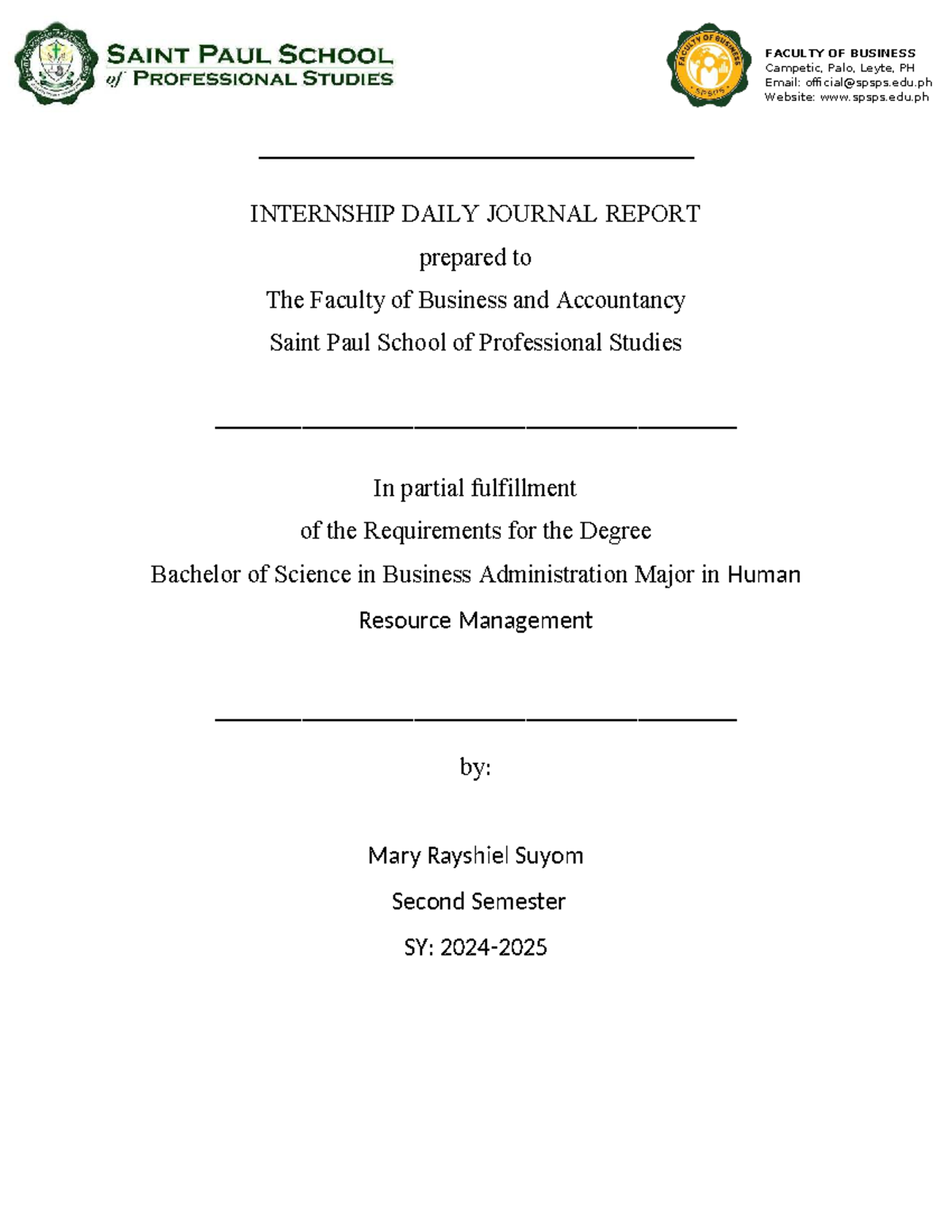 SSIP2325 - Internship Daily Journal Report for HR Management - Studocu