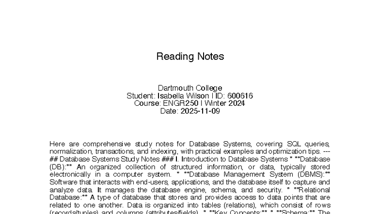 ENGR250 Winter 2024: Database Systems Study Notes and SQL Guide - Studocu