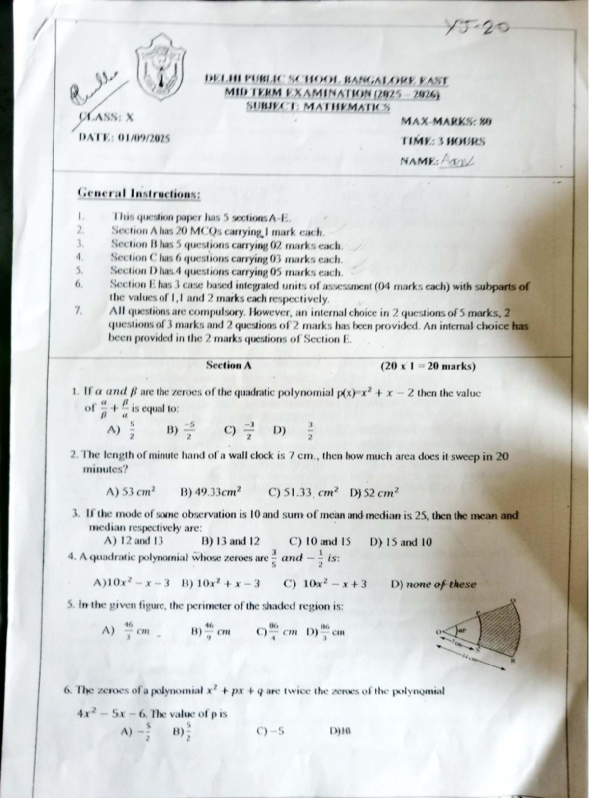 Class X DVLH Public School Bangalore East 2025 Midterm Mathematics Exam ...