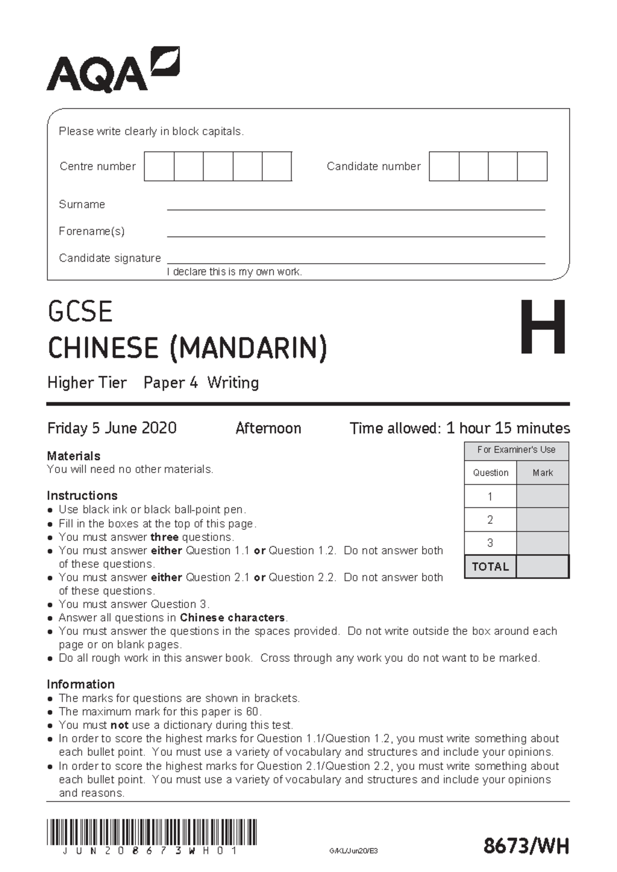GCSE CHINESE (MANDARIN) Higher Tier Paper 4 Writing Practice - Studocu