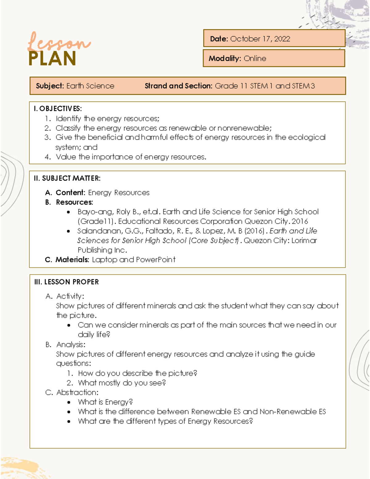 Grade 11 STEM Lesson 6.2: Understanding Energy Resources - Studocu