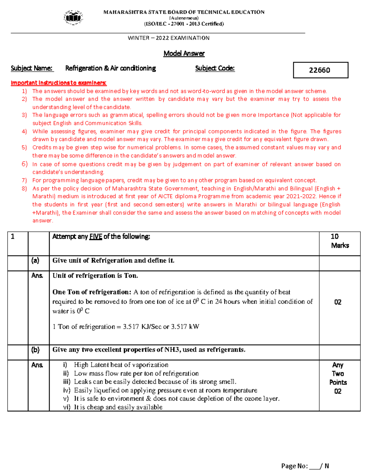 22660 - Winter 2022 Examination Model Answers for Refrigeration & AC ...