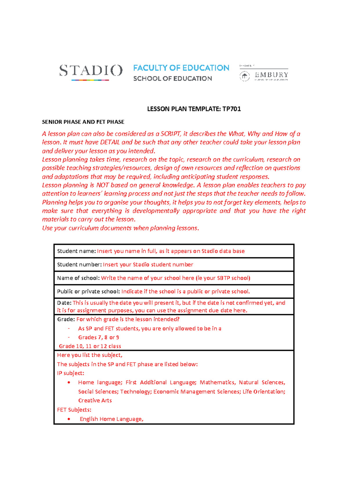 Lesson Explanation tp701 lesson plan - LESSON PLAN TEMPLATE: TP SENIOR ...