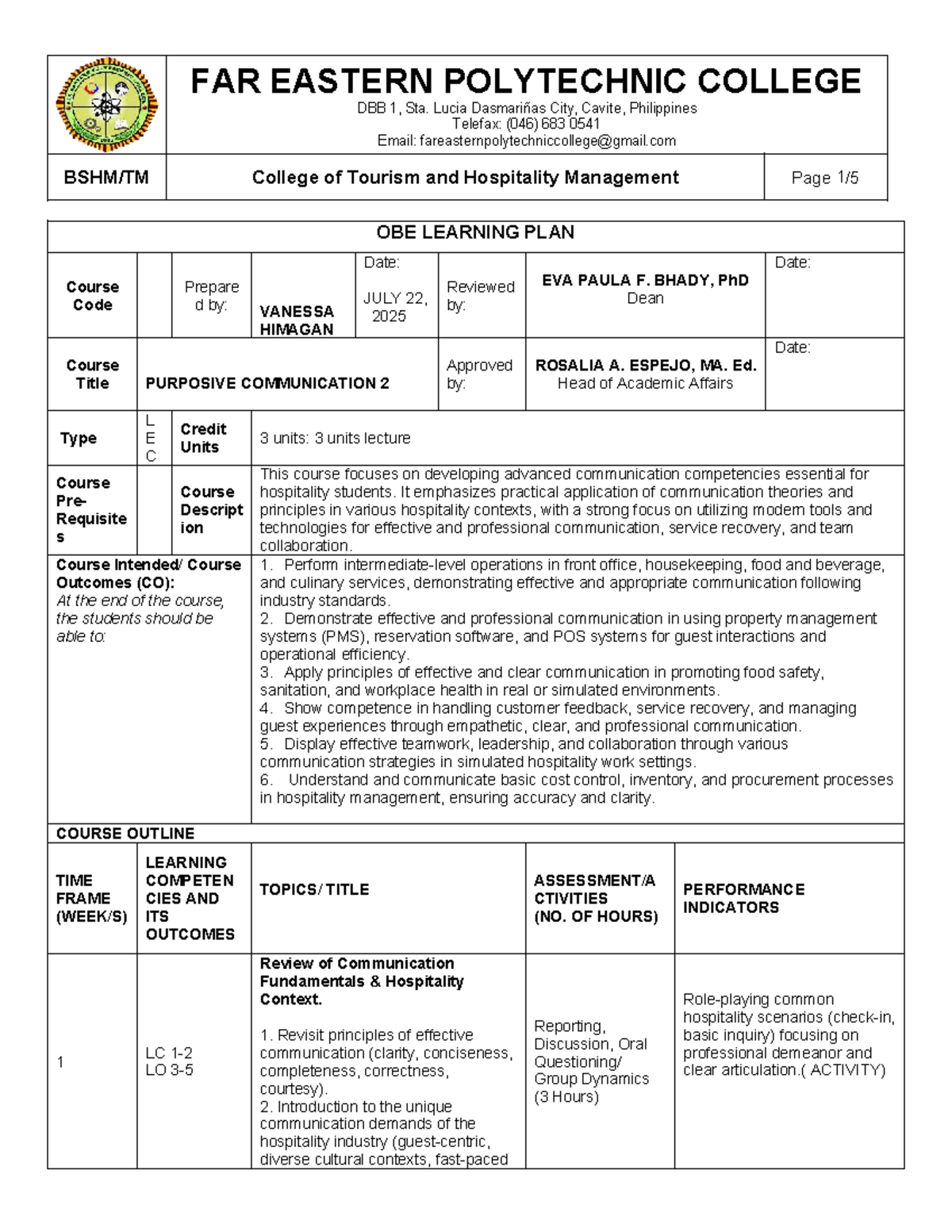 Purposive Communication 2 (COMM2) Course Outline and Learning Plan ...