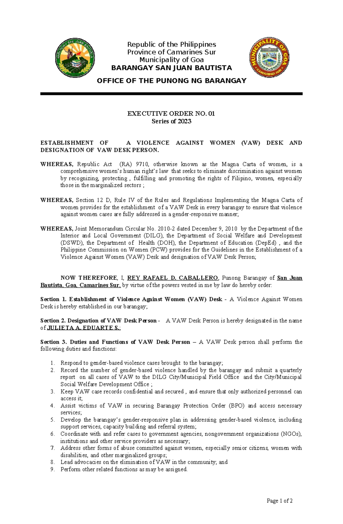 EO 01 VAW - Establishment of VAW Desk in Barangay San Juan Bautista ...
