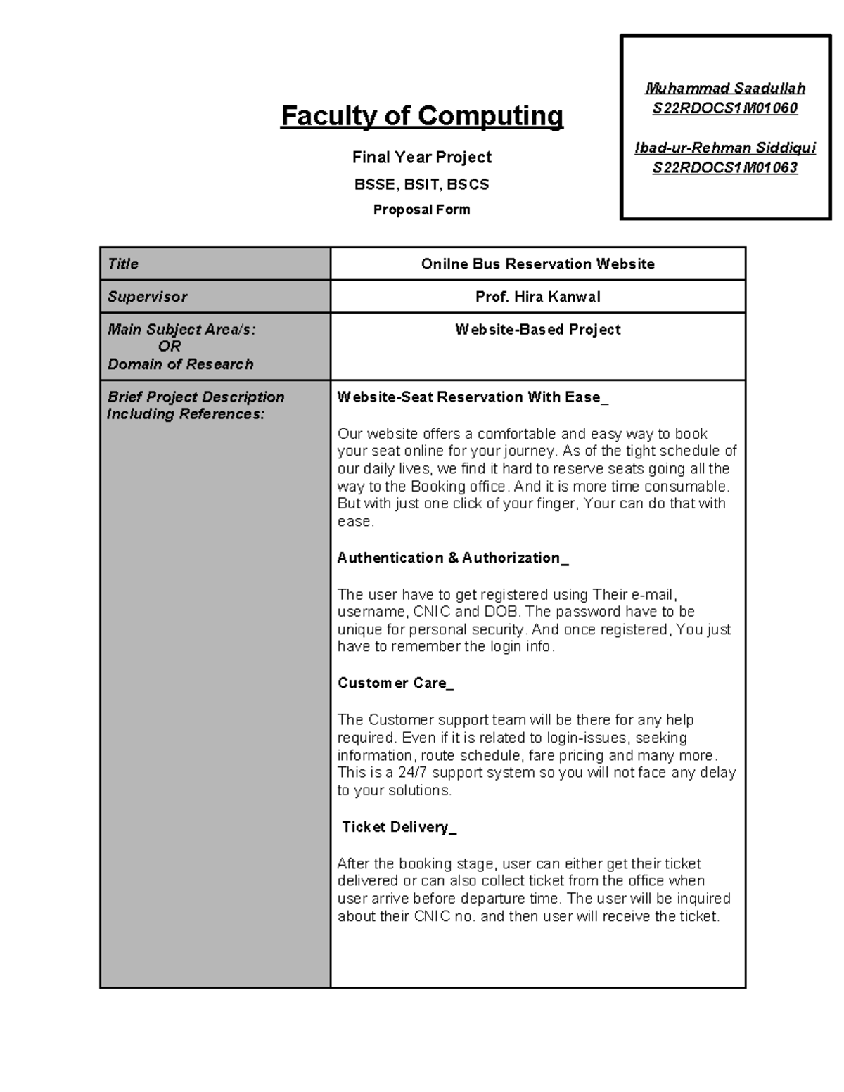Final Year Project Proposal: Online Bus Reservation Website BSSE, BSIT ...