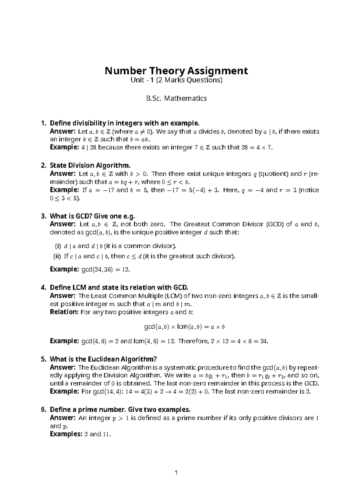 B.Sc. Mathematics Assignment Unit 1: Number Theory (2 Marks Qs) - Studocu