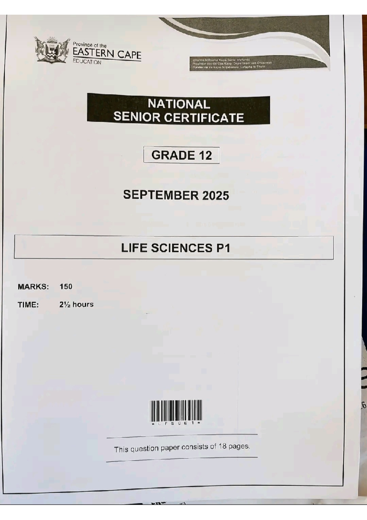 Life Sciences P1 Exam Paper - Eastern Cape Sept 2025 - Studocu